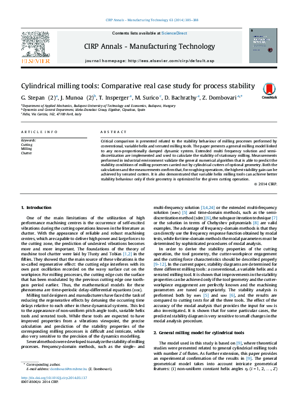 (PDF) Cylindrical milling tools: Comparative real case study for process stability