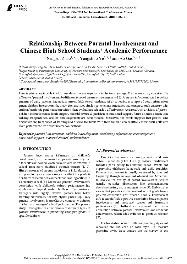 (PDF) Relationship Between Parental Involvement and Chinese High School ...