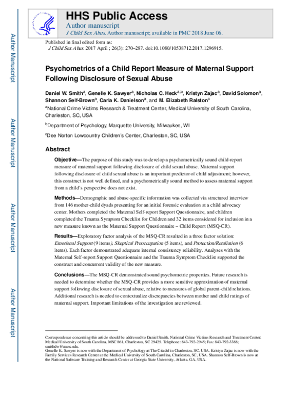(PDF) Psychometrics of a Child Report Measure of Maternal Support ...