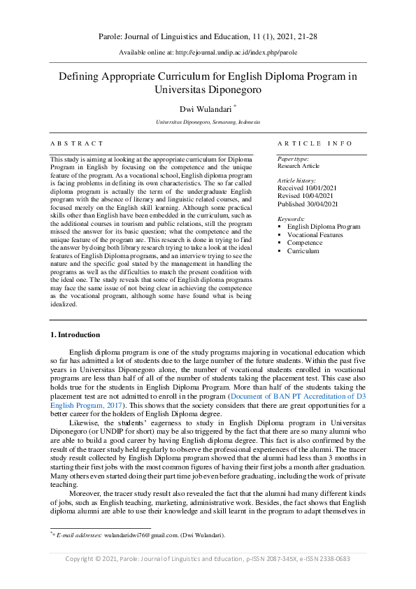 (PDF) Defining Appropriate Curriculum for English Diploma Program