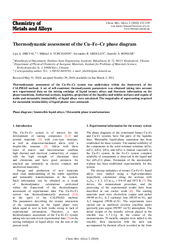 (PDF) Thermodynamic assessment of the Cu–Fe–Cr phase diagram | Liya Dreval' - Academia.edu