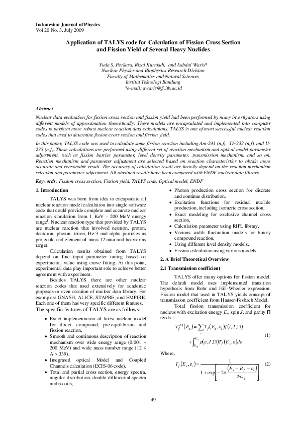(PDF) Application of TALYS code for Calculation of Fission Cross Section and Fission Yield of ...