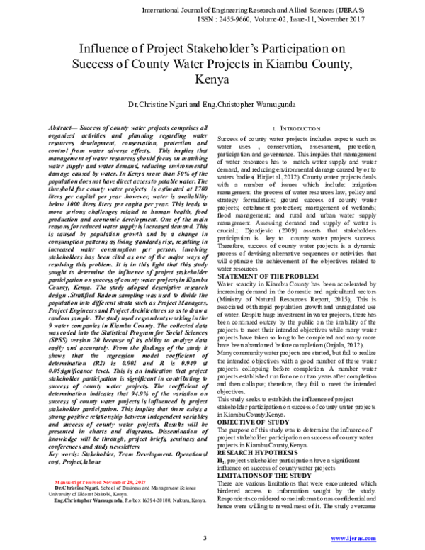 (PDF) Influence of project stakeholder’s on success of county water ...