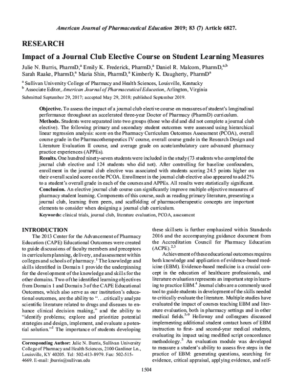 (PDF) Impact of a Journal Club Elective Course on Student Learning Measures