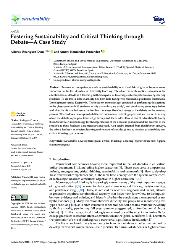 (PDF) Fostering Sustainability and Critical Thinking through Debate—A ...