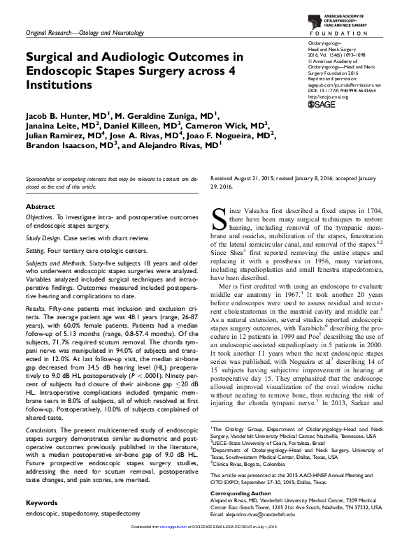 (PDF) Surgical and Audiologic Outcomes in Endoscopic Stapes Surgery ...
