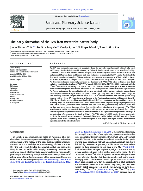 (PDF) The early formation of the IVA iron meteorite parent body