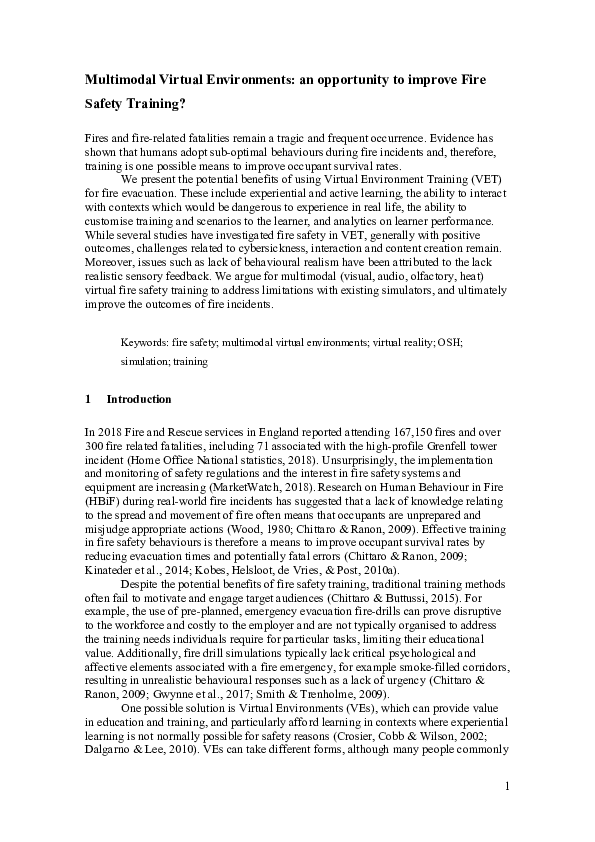 (PDF) Multimodal virtual environments: an opportunity to improve fire safety training?
