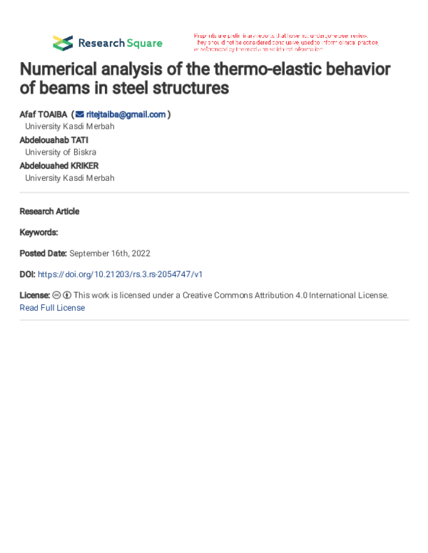 (PDF) Numerical analysis of the thermo-elastic behavior of beams in steel structures