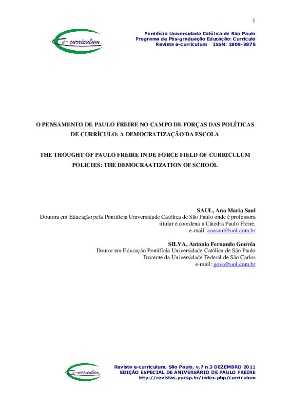 (PDF) O Pensamento De Paulo Freire No Campo De Forças Das Políticas De ...