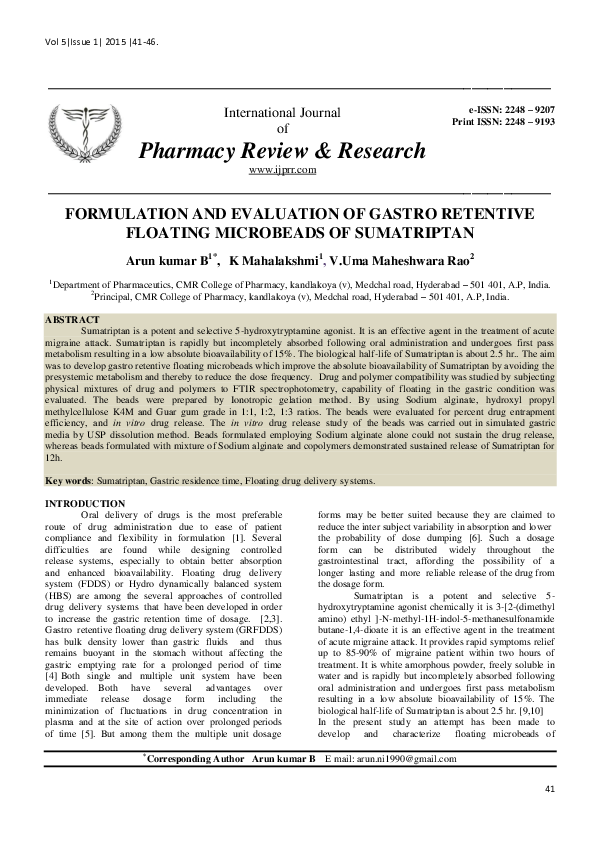 Pdf Formulation And Evaluation Of Gastro Retentive Floating Microbeads Of Sumatriptan