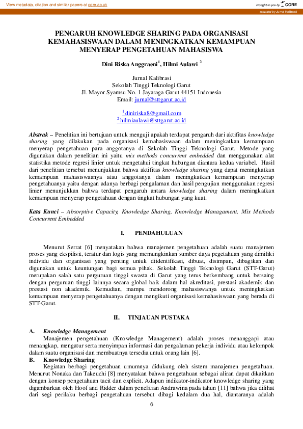 (PDF) Pengaruh Knowledge Sharing Pada Organisasi Kemahasiswaan Dalam Meningkatkan Kemampuan ...