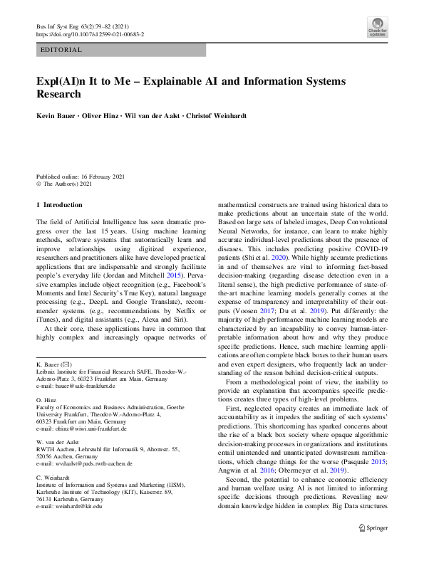 (PDF) Expl(AI)n It to Me – Explainable AI and Information Systems Research