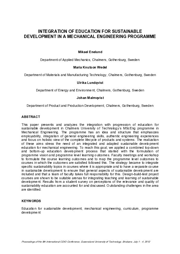 (PDF) Integration of education for sustainable development in the mechanical engineering curriculum