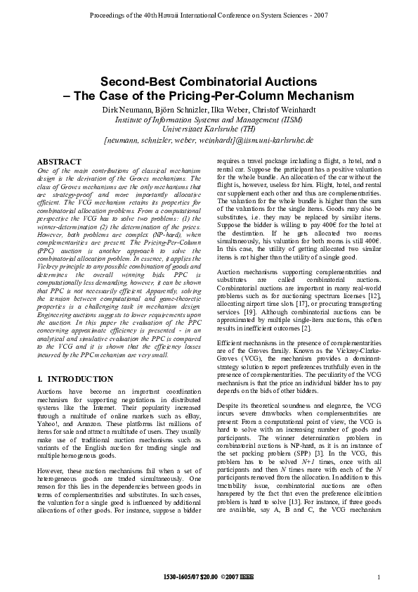 (PDF) Second-Best Combinatorial Auctions - The Case of the Pricing-Per-Column Mechanism