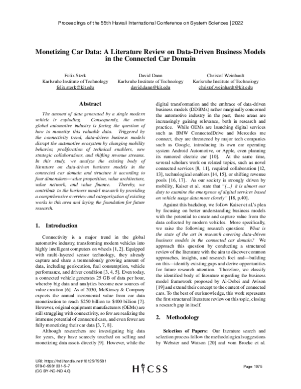 Pdf Monetizing Car Data A Literature Review On Data Driven Business
