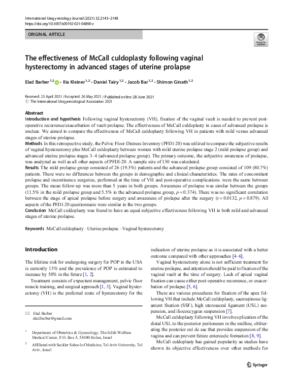 (PDF) The effectiveness of McCall culdoplasty following vaginal ...