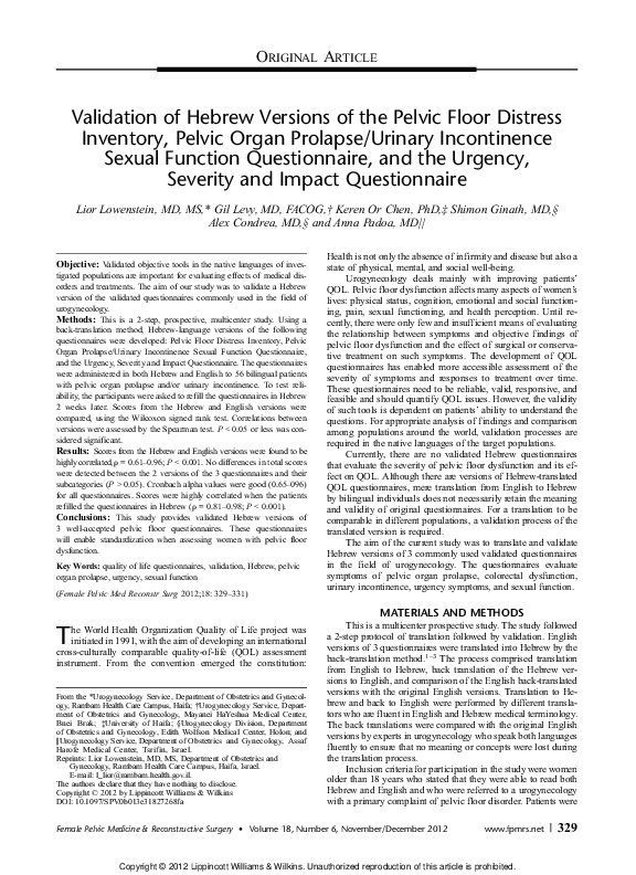 (PDF) Validation of Hebrew Versions of the Pelvic Floor Distress ...
