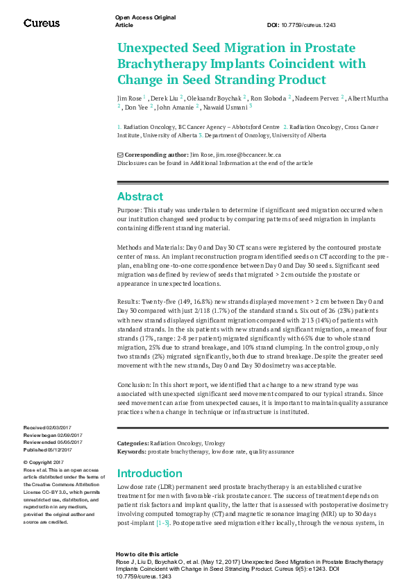 (PDF) Unexpected Seed Migration in Prostate Brachytherapy Implants Coincident with Change in ...