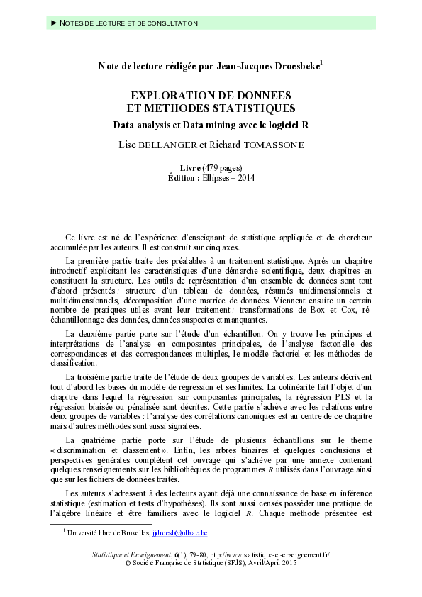(PDF) Note de lecture : « Exploration de données et méthodes statistiques : Data analysis & Data ...