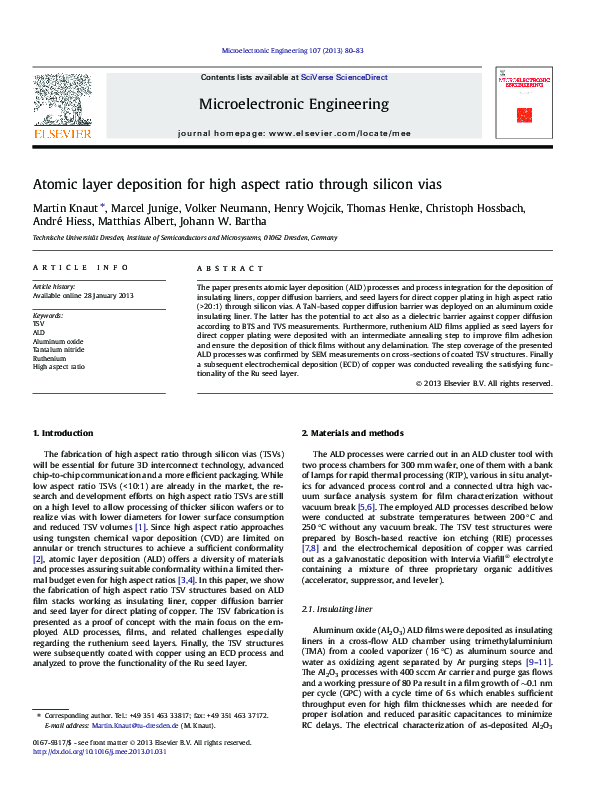 (PDF) Atomic layer deposition for high aspect ratio through silicon vias