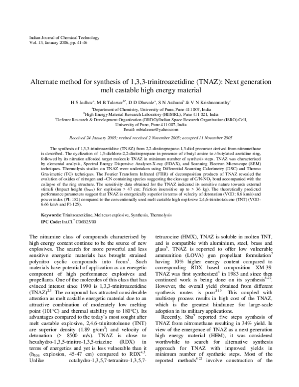 (PDF) Alternate method for synthesis of 1,3,3-trinitroazetidine (TNAZ ...