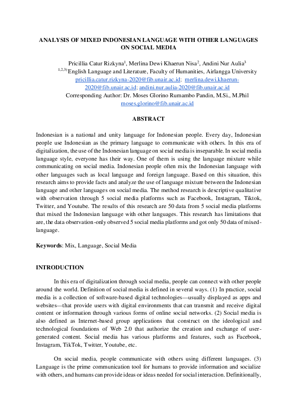 (PDF) Analysis of Mixed Indonesian Language with Other Languages on ...