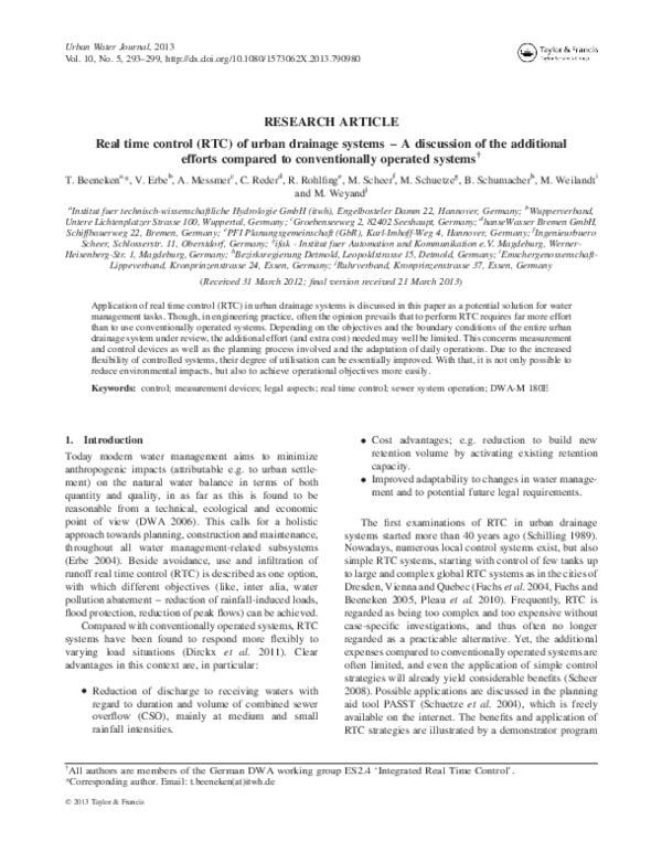 (PDF) Real time control (RTC) of urban drainage systems – A discussion of the additional efforts ...