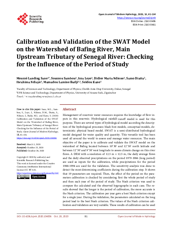 (PDF) Calibration and Validation of the SWAT Model on the Watershed of Bafing River, Main ...