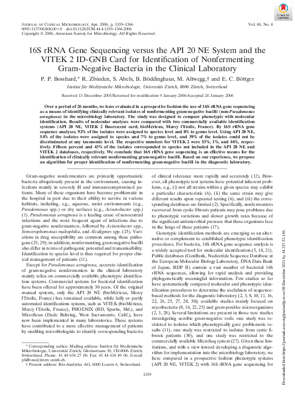 (PDF) 16S rRNA Gene Sequencing versus the API 20 NE System and the ...