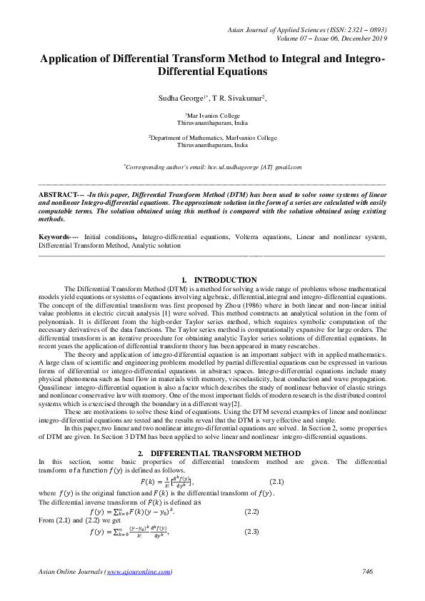 Pdf Application Of Differential Transform Method To Integral And