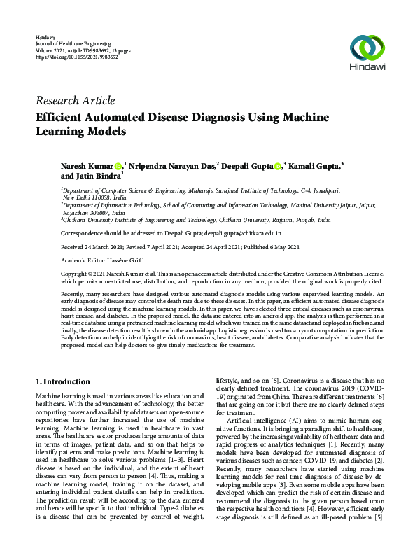 (PDF) Efficient Automated Disease Diagnosis Using Machine Learning Models