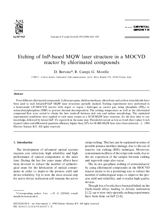 (PDF) Etching of InP-based MQW laser structure in a MOCVD reactor by chlorinated compounds