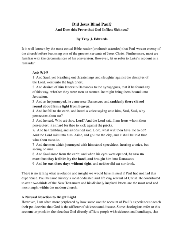 (PDF) Did Jesus Blind Paul? And Does this Prove that God Inflicts Sickness
