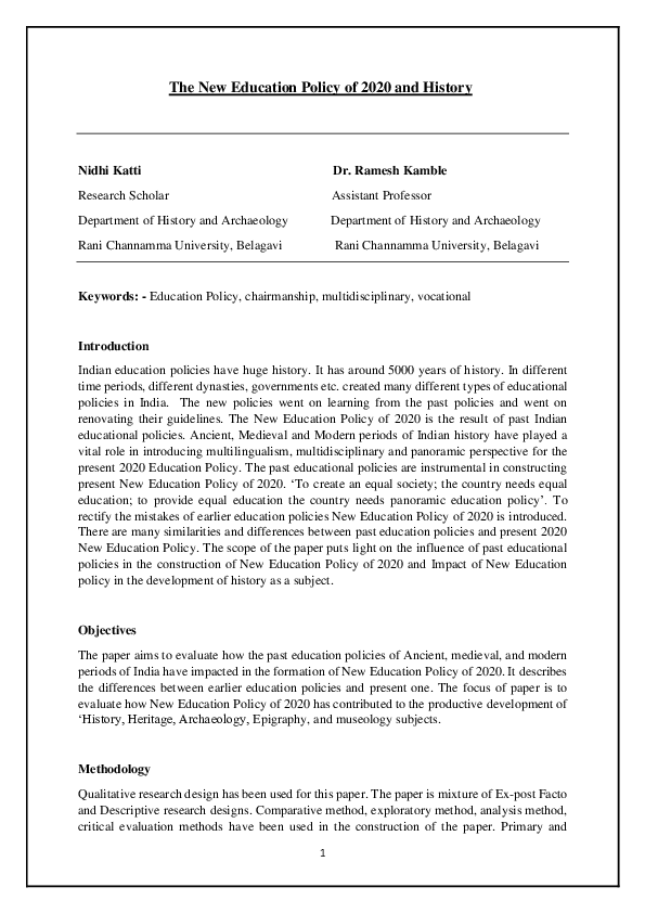 (PDF) The New Education Policy of 2020 and History