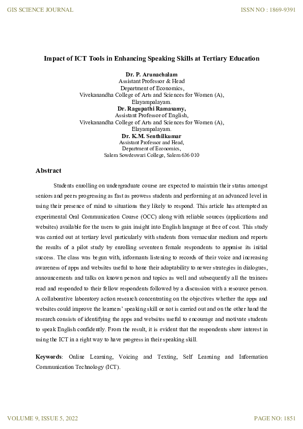 Pdf Impact Of Ict Tools In Enhancing Speaking Skills At Tertiary Education