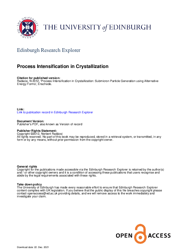 (PDF) Process Intensification in Crystallization: Submicron Particle Generation Using ...