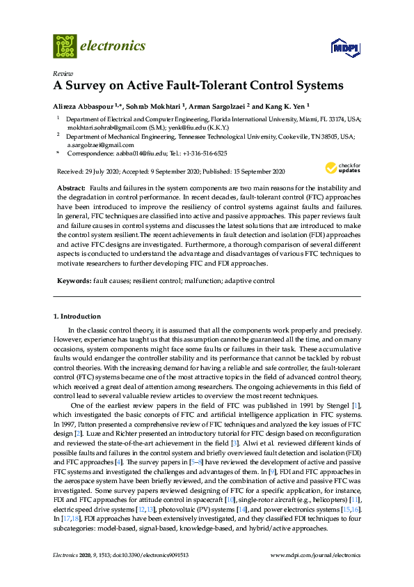 (PDF) A Survey on Active Fault-Tolerant Control Systems