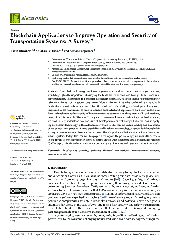 (PDF) Blockchain Applications to Improve Operation and Security of Transportation Systems: A Survey