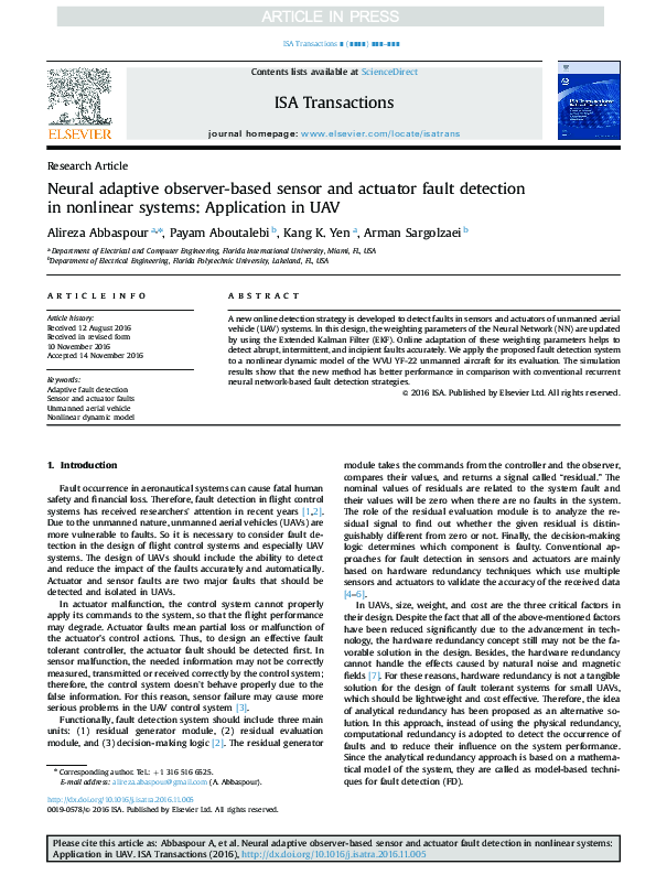 Pdf Neural Adaptive Observer Based Sensor And Actuator Fault Detection In Nonlinear Systems