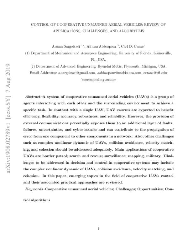 Pdf Control Of Cooperative Unmanned Aerial Vehicles Review Of Applications Challenges And