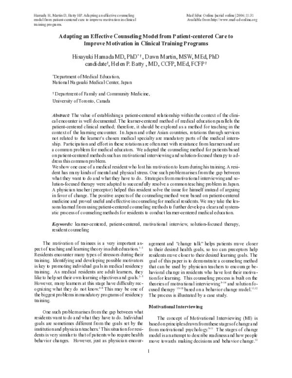 (PDF) Adapting an Effective Counseling Model from Patient-centered Care to Improve Motivation in ...