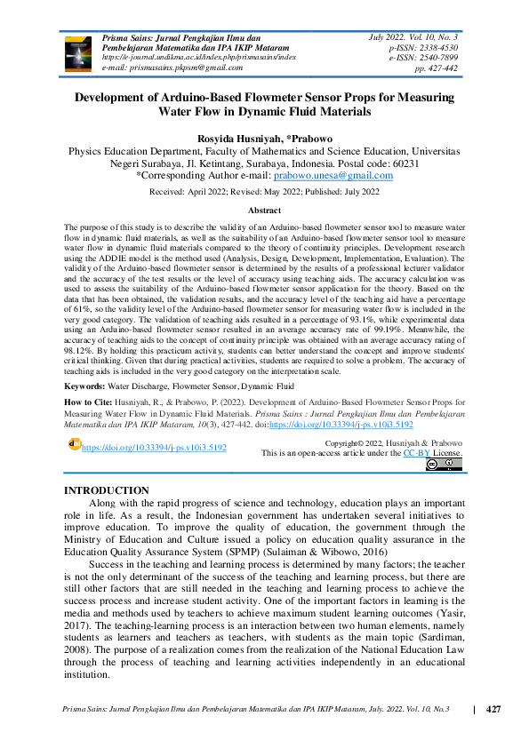 Pdf Development Of Arduino Based Flowmeter Sensor Props For Measuring Water Flow In Dynamic