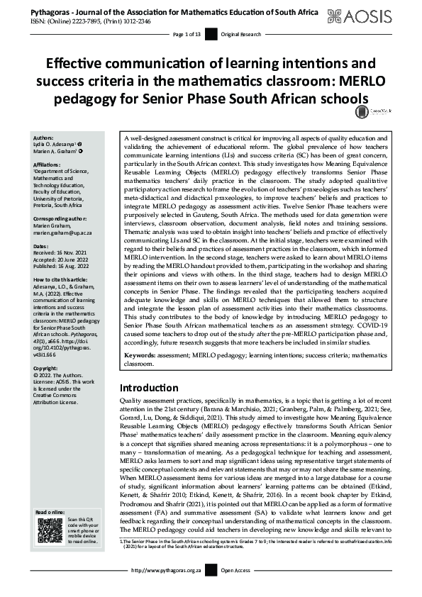 (PDF) Effective communication of learning intentions and success ...