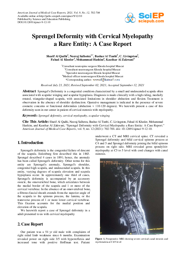 (PDF) Sprengel Deformity with Cervical Myelopathy a Rare Entity: A Case ...