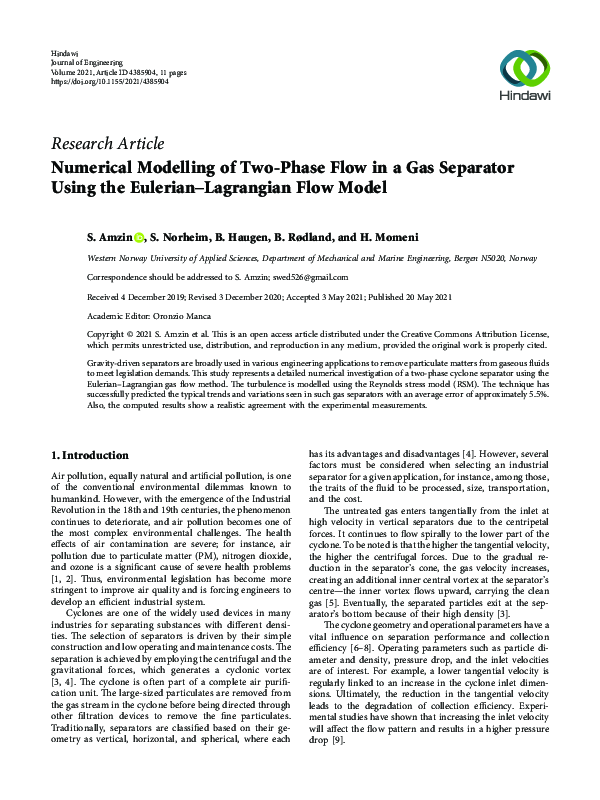 Pdf Numerical Modelling Of Two Phase Flow In A Gas Separator Using The Eulerian Lagrangian