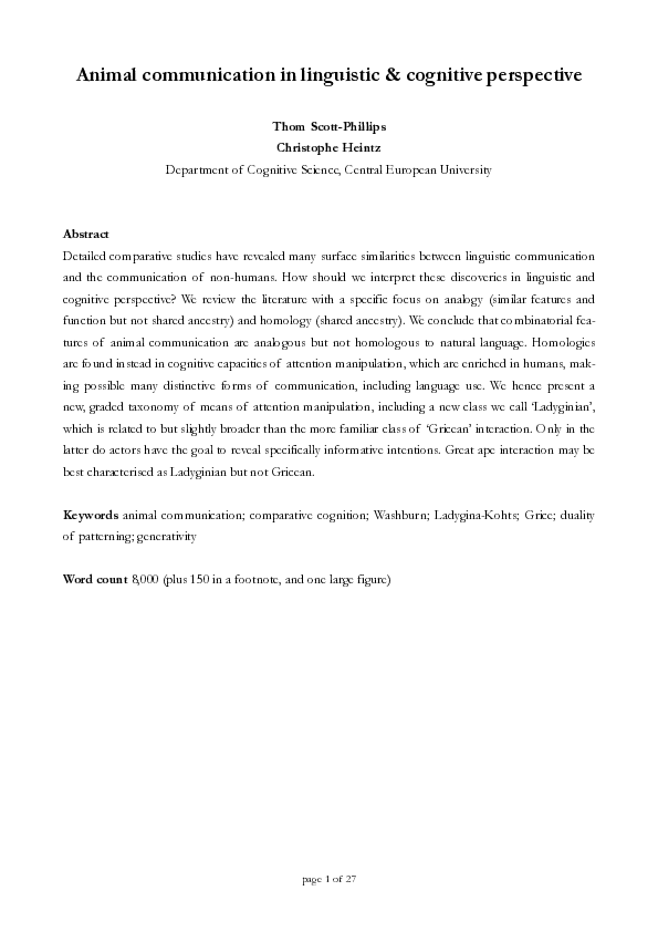 (PDF) Animal communication in linguistic & cognitive perspective