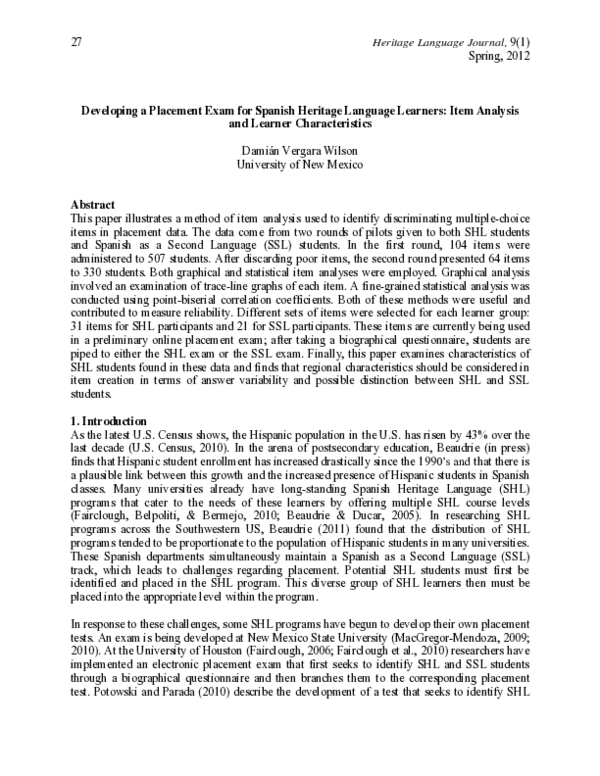(PDF) Developing a Placement Exam for Spanish Heritage Language ...