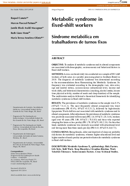 (PDF) Síndrome metabólica em trabalhadores de turnos fixos