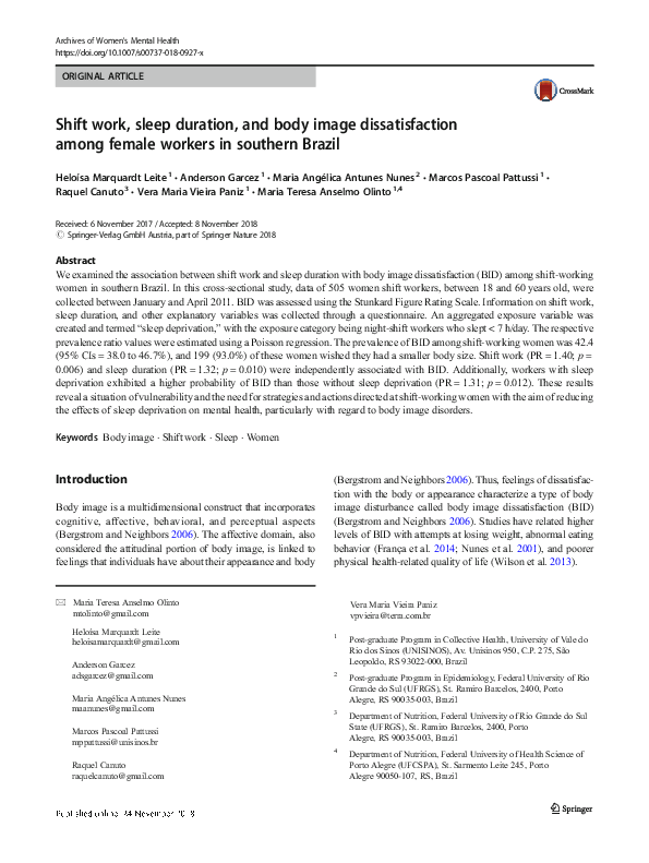 (PDF) Shift work, sleep duration, and body image dissatisfaction among female workers in ...